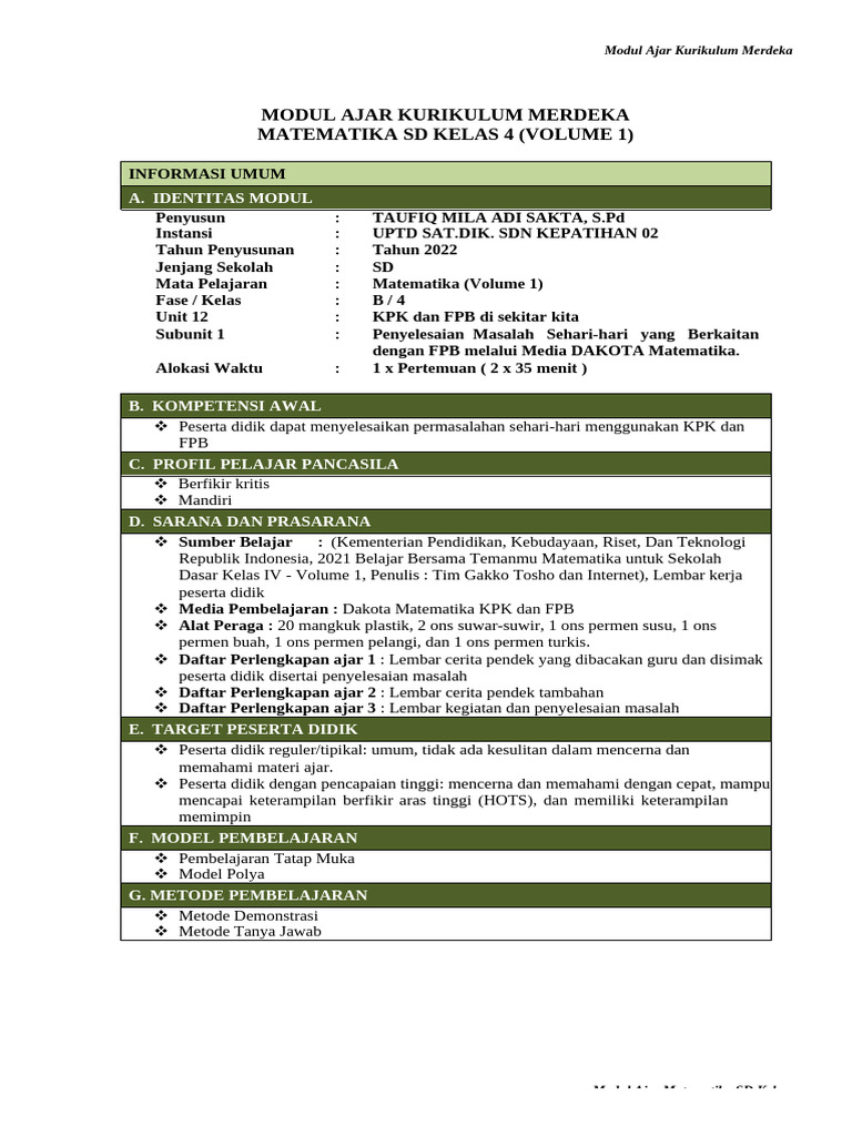 Modul Ajar Kelas 4 KPK Dan FPB Model Polya | PDF
