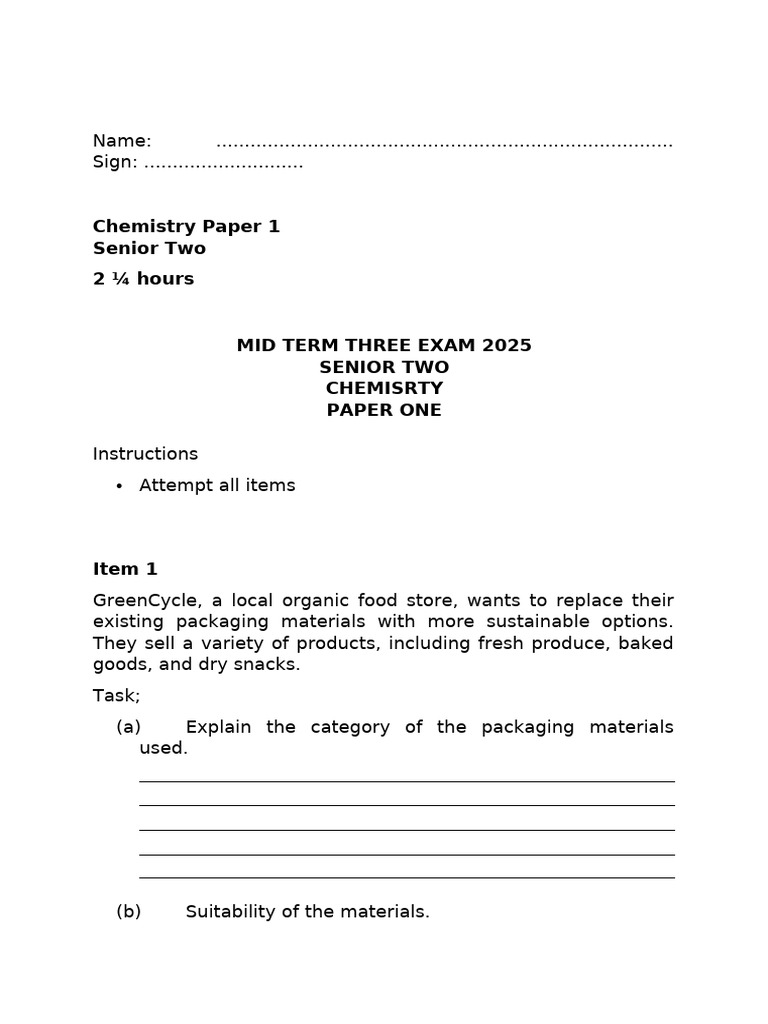 Chemistry Paper One Senior 2 | PDF | Chemistry | Chemical Reactions