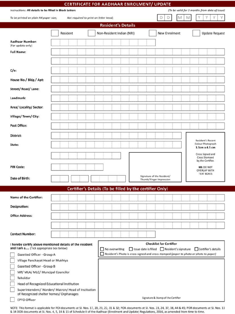 Aadar Update Form 2021 | PDF