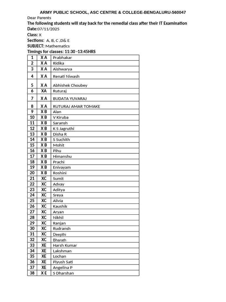 Notice To Parents Regarding Remedial Class-Maths | PDF