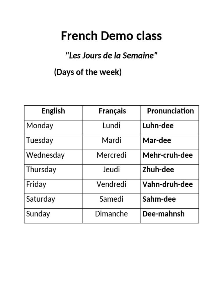 French Demo Class (Days of The Week) | PDF