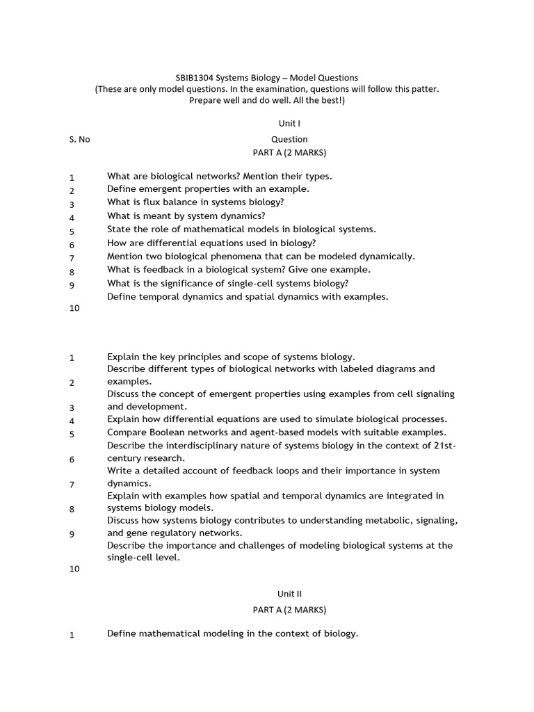 SBIB1304 Systems Biology - Model Questions Edited | PDF | Systems ...