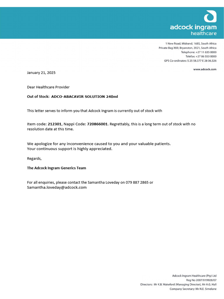 Adco-Abacavir Solution 240ml Oos Letter | PDF