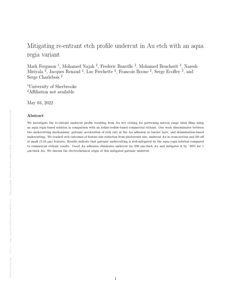 Mitigating Re-Entrant Etch Profile Undercut in Au Etch With An Aqua ...