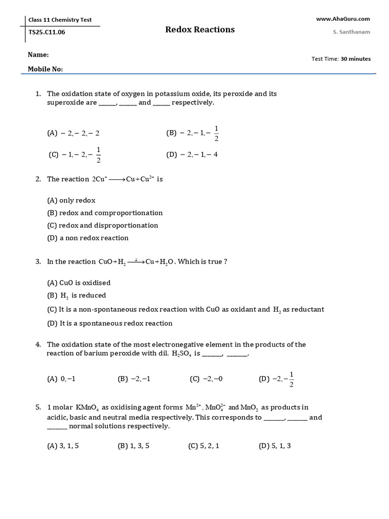 Class 11 Chemistry Redox Test Questions | PDF | Redox | Scientific ...