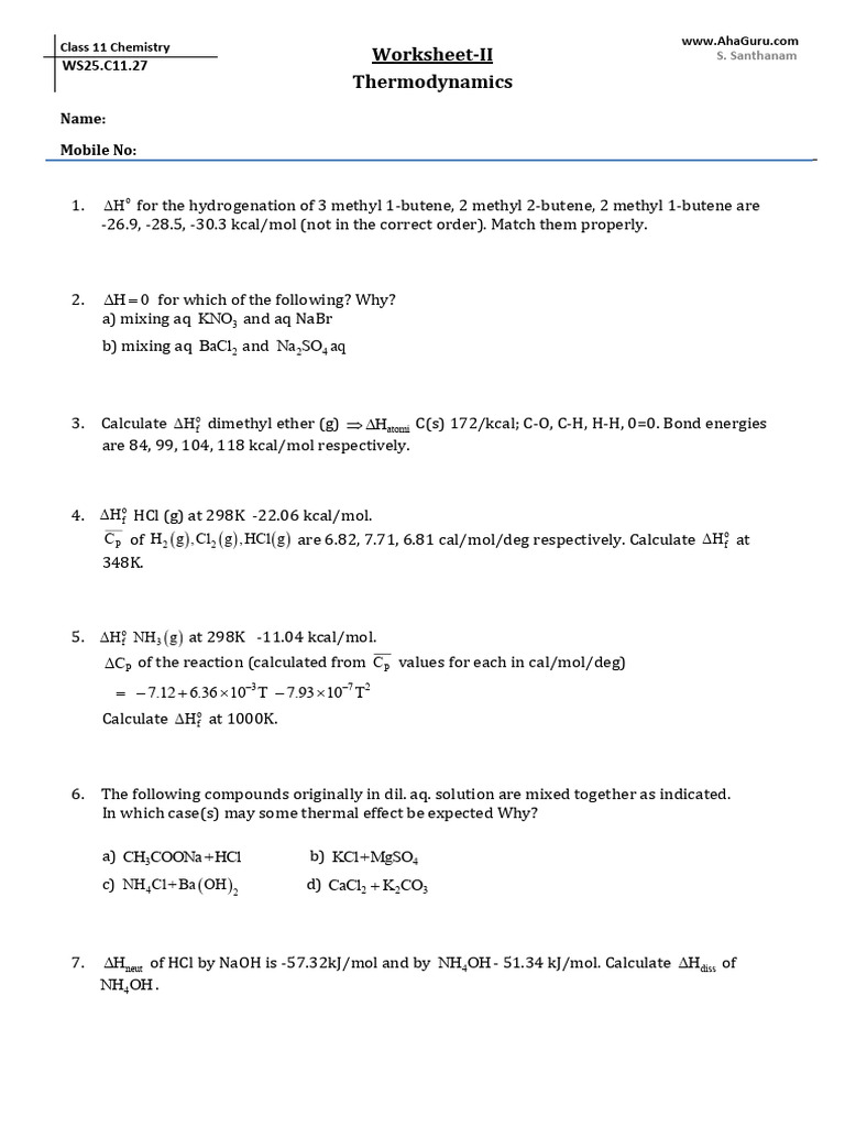 PxmY9 WS25.C11.27 Worksheet-II On Thermodynamics | PDF | Methyl Group ...