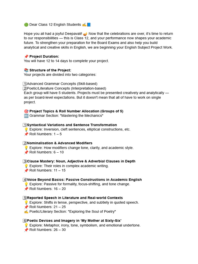 Class 12 English Project Guidelines | PDF | English Language | Poetry