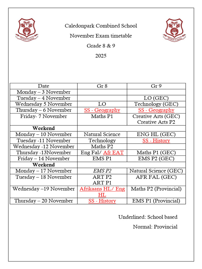 2025 Caledonpark Grade 8 & 9 Exam Schedule | PDF