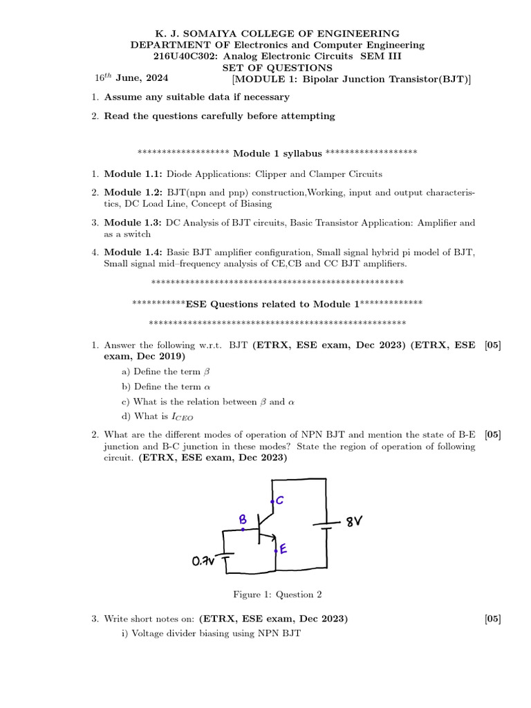 AEC Module 01 Exam Questions | PDF | Bipolar Junction Transistor | Amplifier