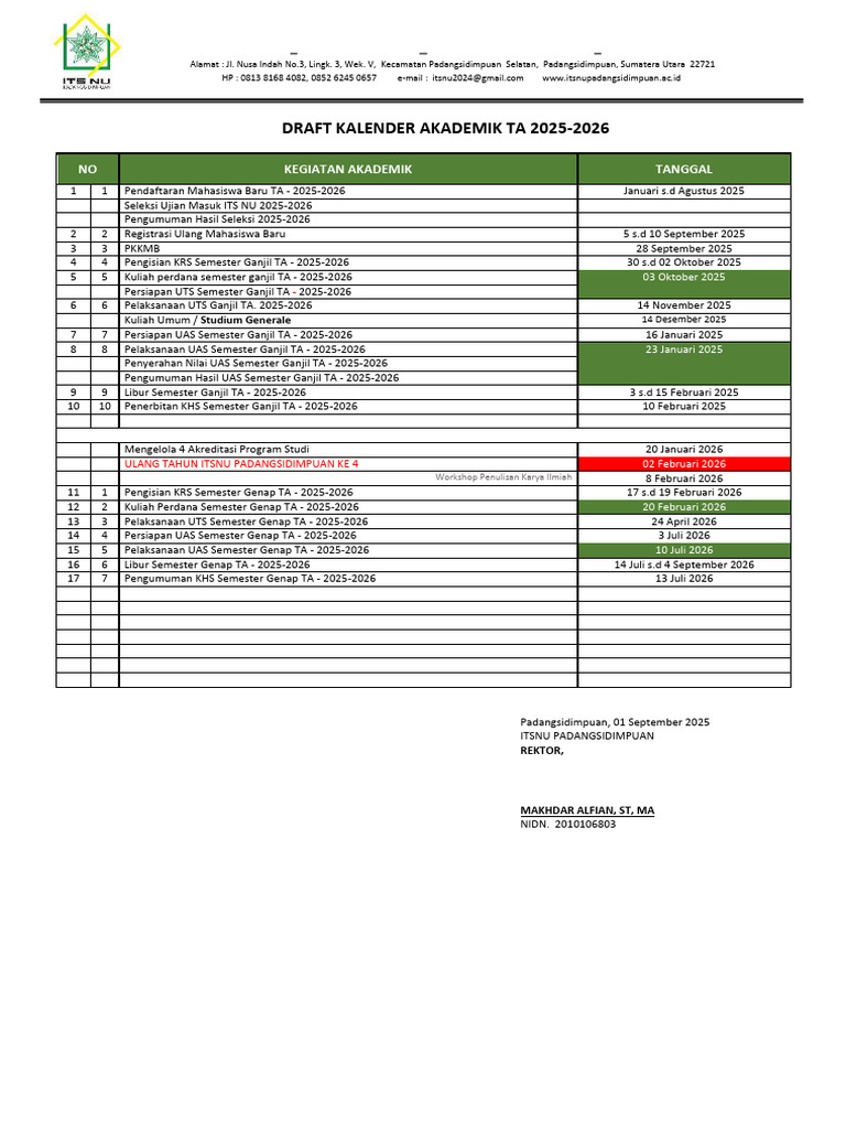 Draft - Kalender Akademik 2025-2026 | PDF