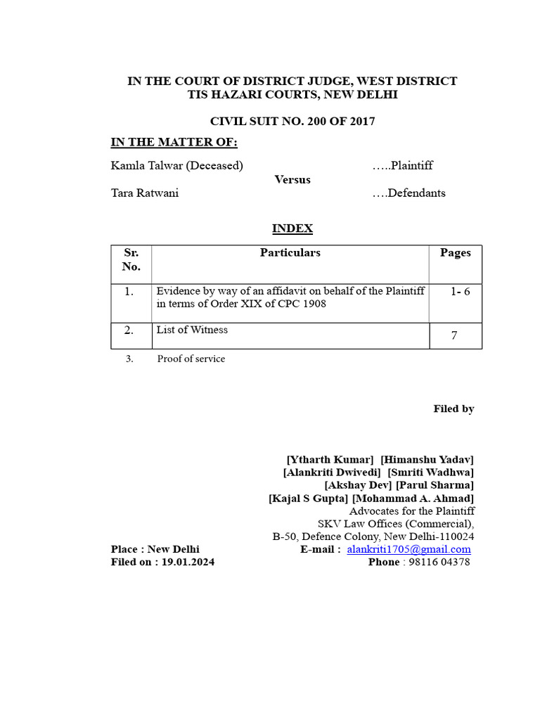 Civil Suit 200/2017: Plaintiff's Witness List | PDF | Common Law