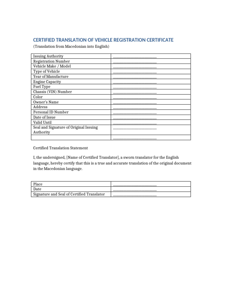 Vehicle Registration Translation | PDF