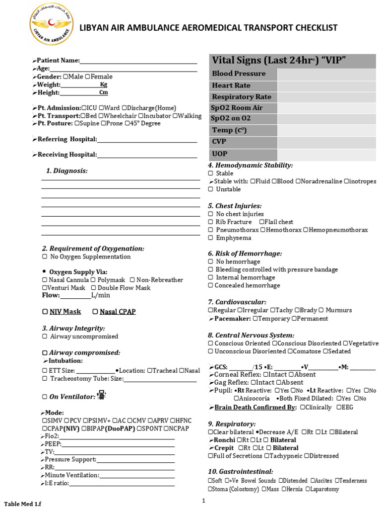 Libyan Air Ambulance Transport Checklist | PDF | Intravenous Therapy ...