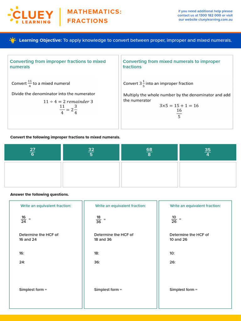 Year 7 Fractions Maths Convert Between Proper Improper and Mixed ...