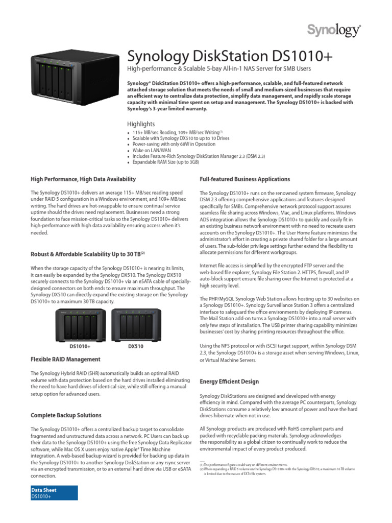Synology DS1010 Plus Data Sheet Enu | PDF | Hard Disk Drive | Computing