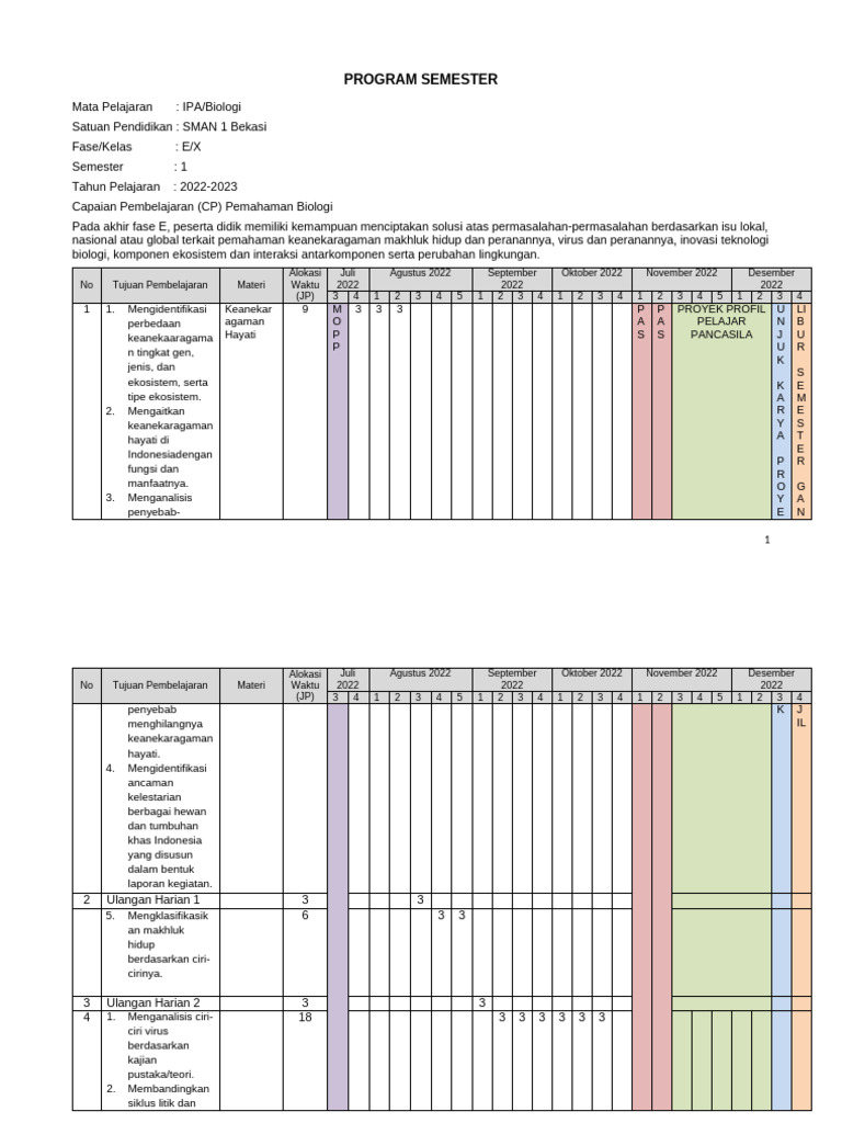 Program Semester Ganjil (1) Kls X | PDF