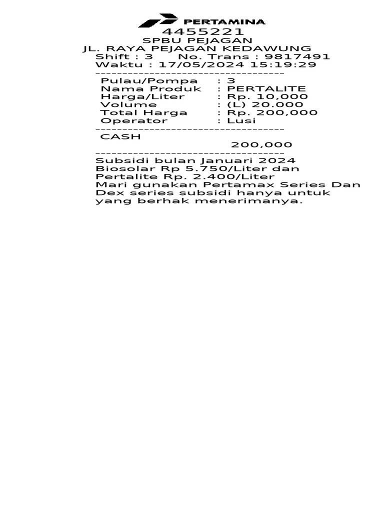 Transaksi PERTALITE SPBU Pejagan | PDF