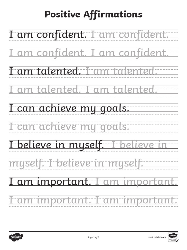 Positive Affirmations Handwriting Practice Ver 1 | PDF