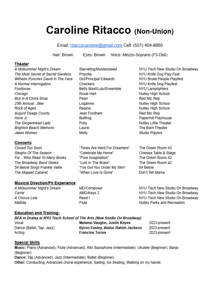 Caroline Ritacco Current Resume | PDF | Performing Arts | Entertainment