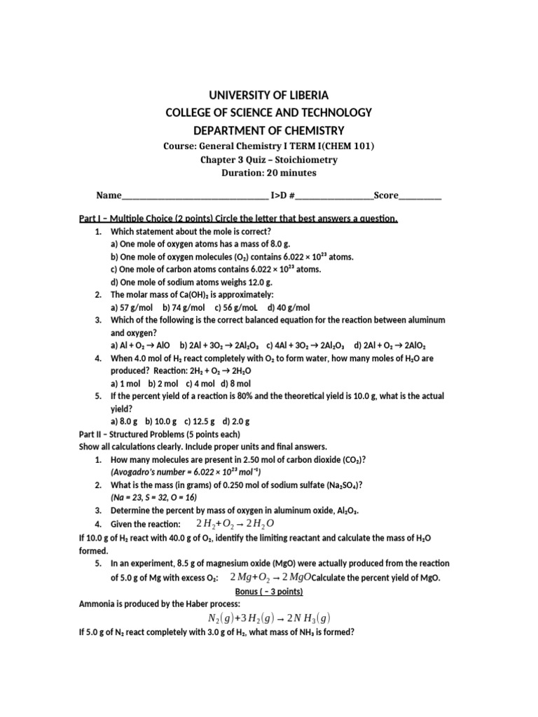 Stoichiometry Quiz for General Chemistry | PDF | Mole (Unit ...