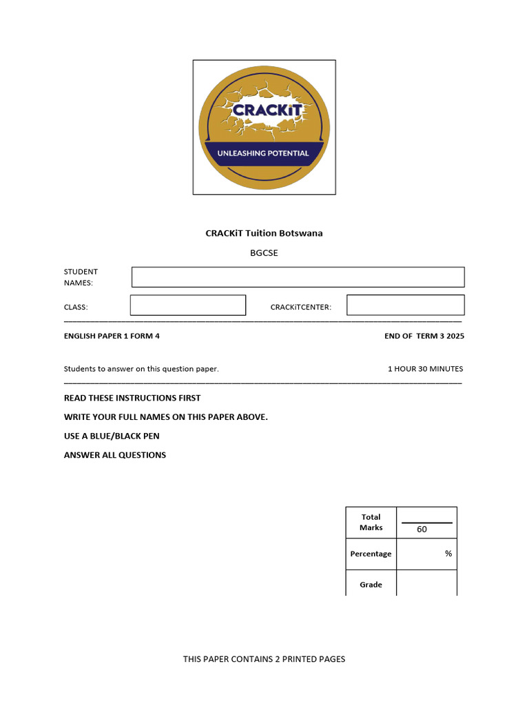 BGCSE English Paper 1 Exam 2025 | PDF