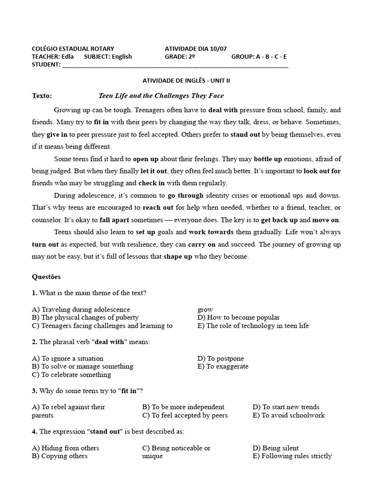 Atividade Texto PHRASAL VERBS | PDF | Adolescence | Psychology