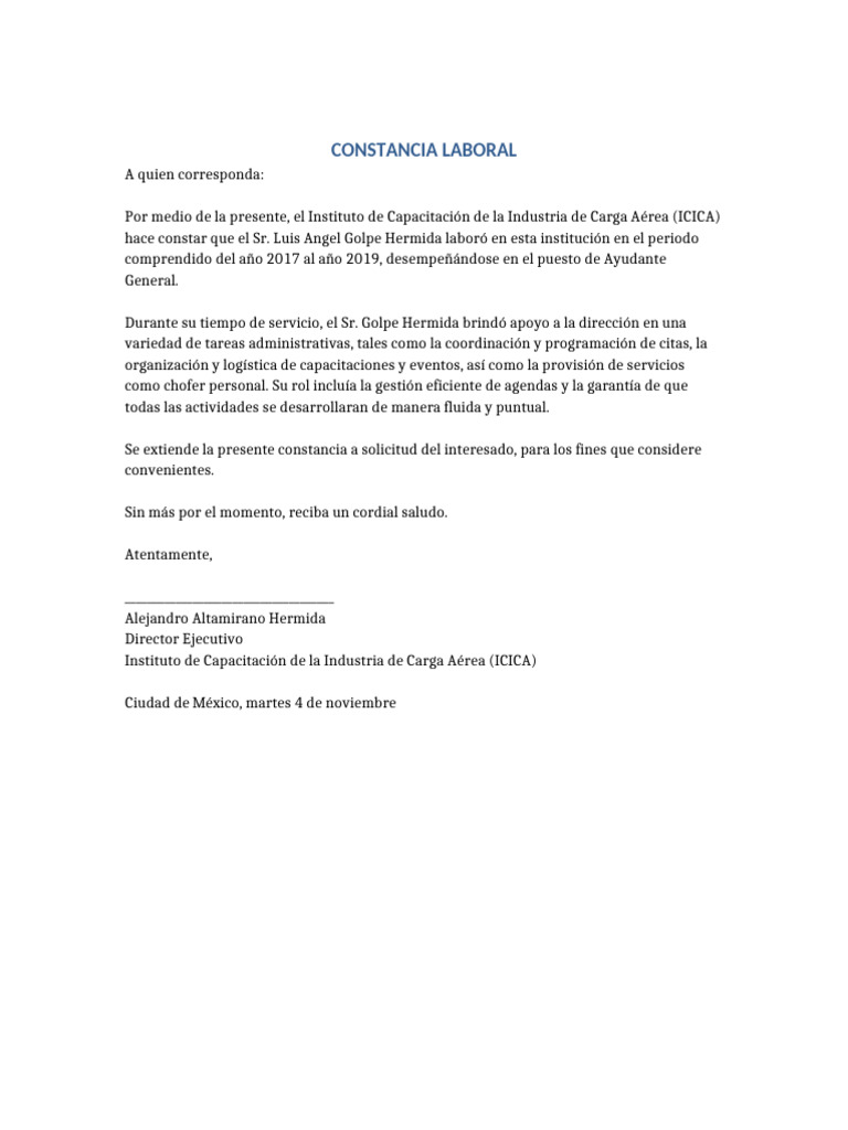 Constancia Laboral de Luis Golpe Hermida | PDF