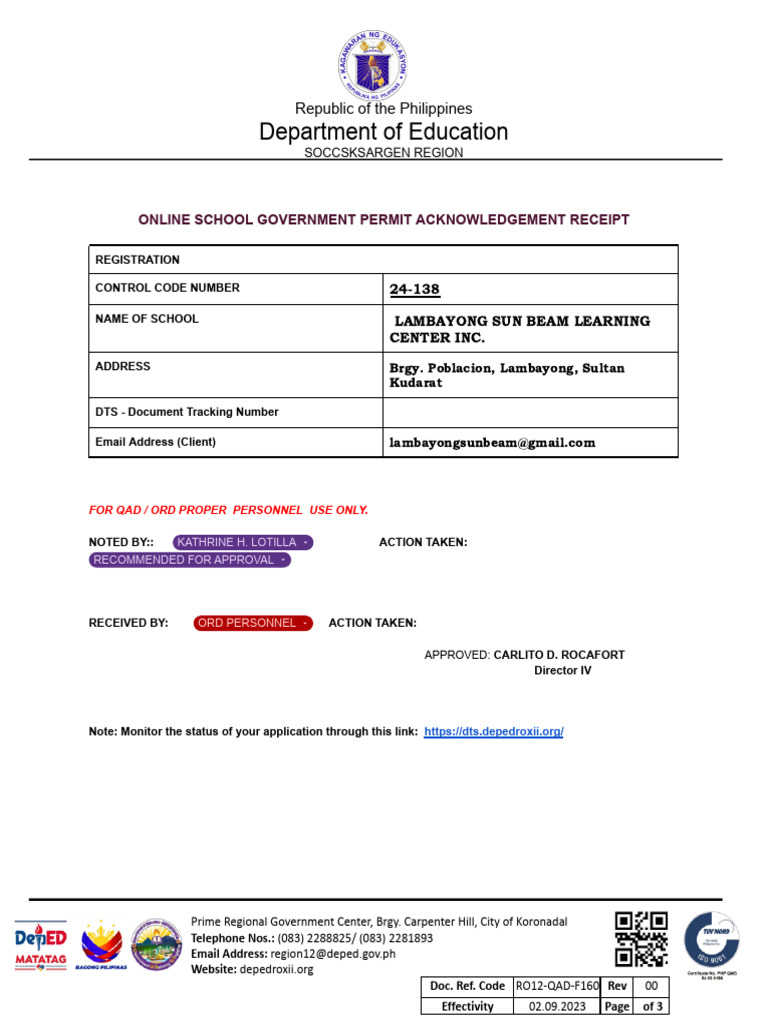 Lambayong Sun Beam Learning Center Inc. Government Permit Generation ...