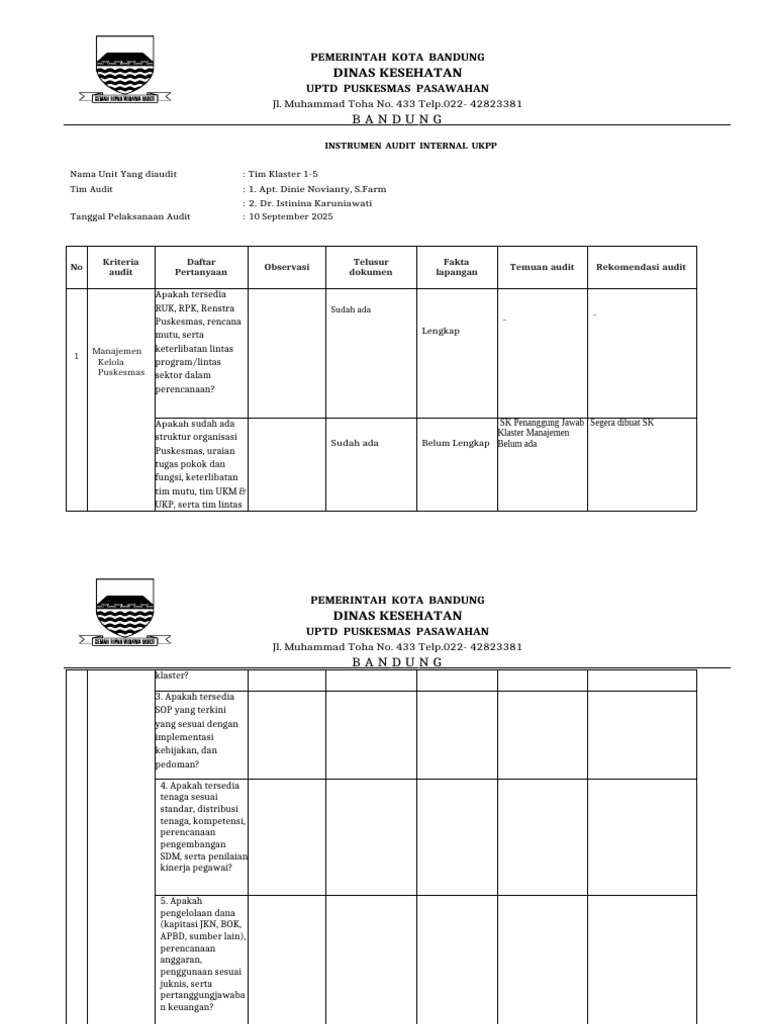 Instrumen Audit Internal Puskesmas 2025 | PDF