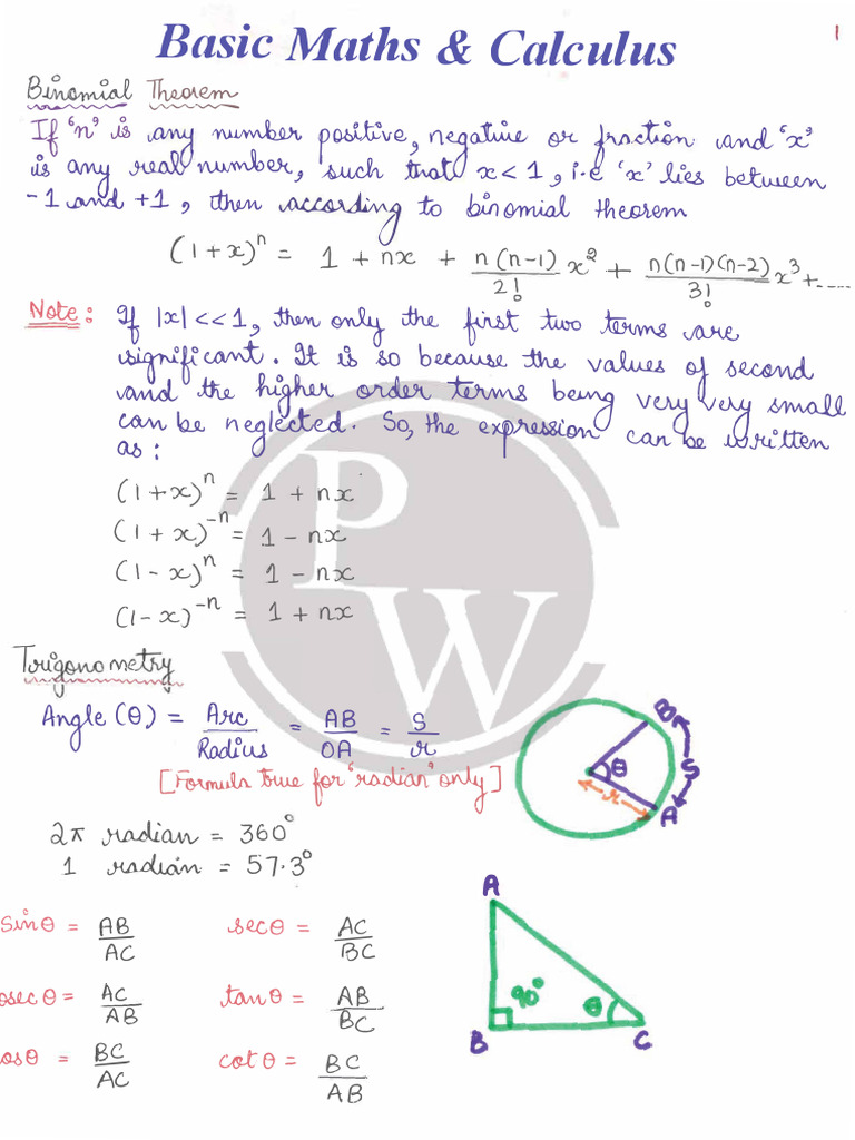 Basic Maths & Calculus: Handwritten Notes - Uday 2026 (Class 11th) | PDF