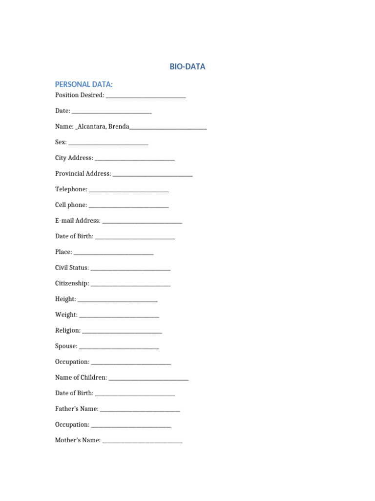 Fillable Bio Data Template | PDF