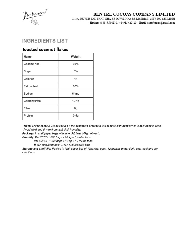 Ingredient List-Toasted Coconut Flakes | PDF