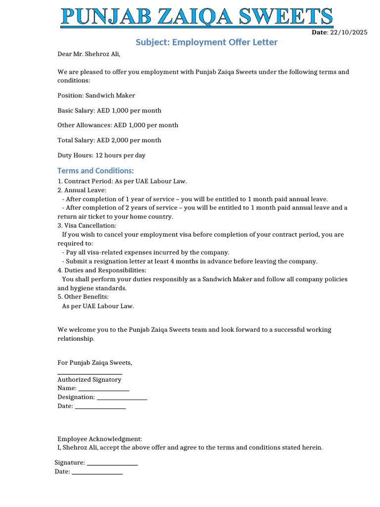 Offer Letter Shehroz Ali Punjab Zaiqa Sweets | PDF