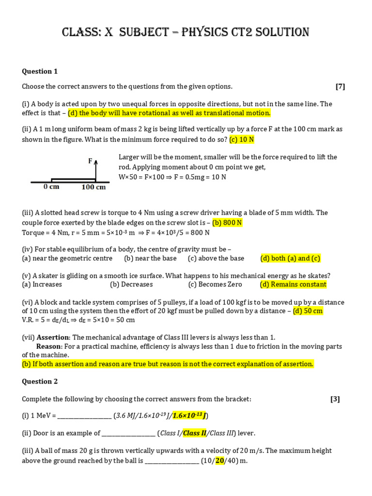 CT 2 Class X Physics Solution | PDF | Force | Applied And Interdisciplinary Physics