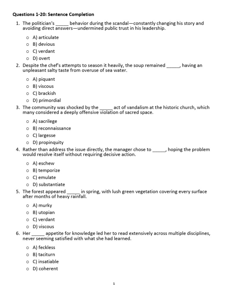 Sentence Completion Practice Questions | PDF
