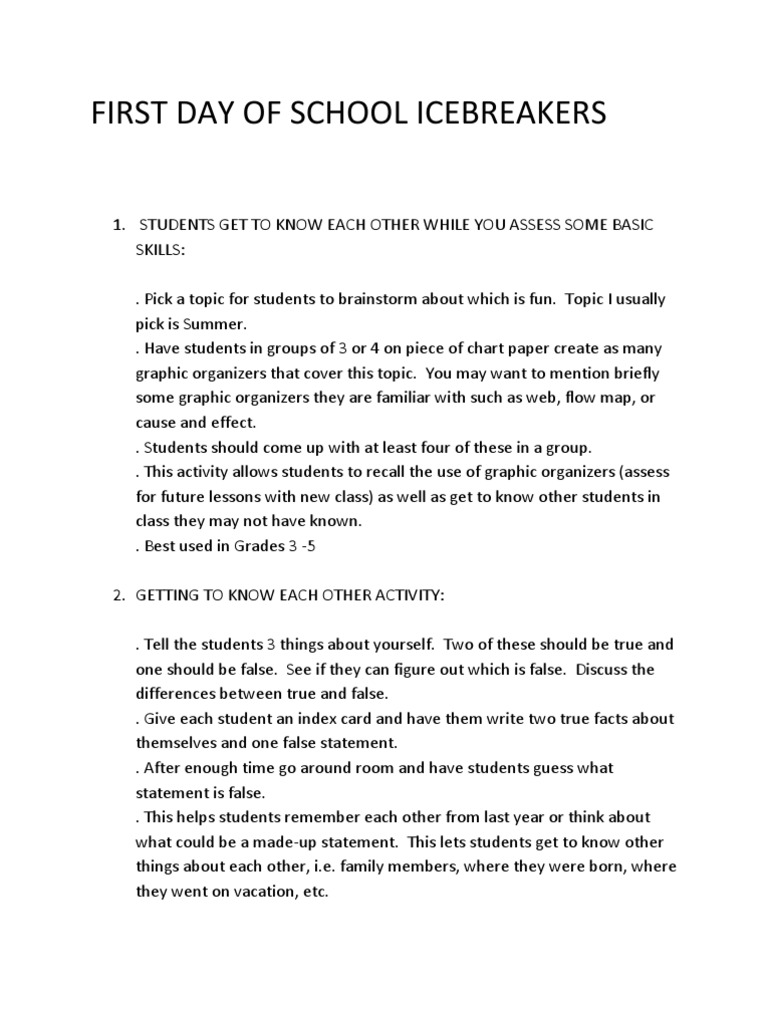 First Day of School Icebreakers | PDF | Multiplication | Educational ...