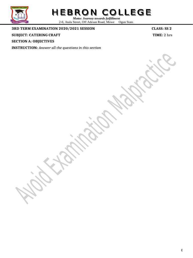SS2 Catering Craft Exam 2020/2021 | PDF | Menu | Roasting