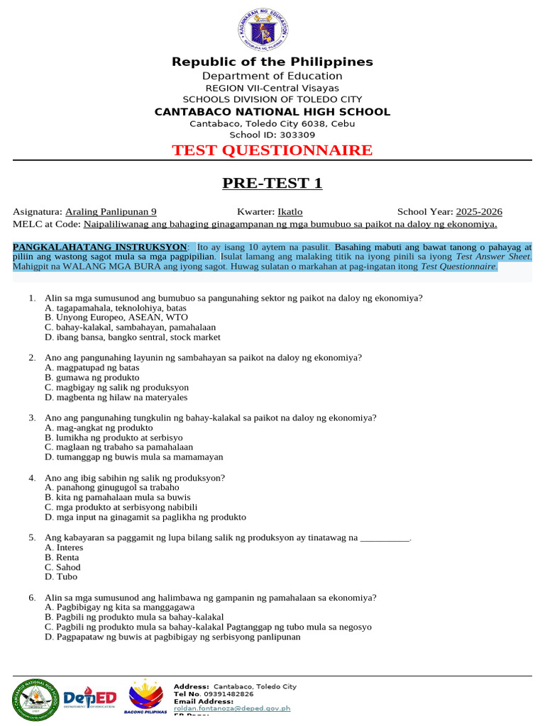 Pre-Test & Post-Test 1 - Q3 - A.P. 9 - S.Y. 2025-2026 | PDF
