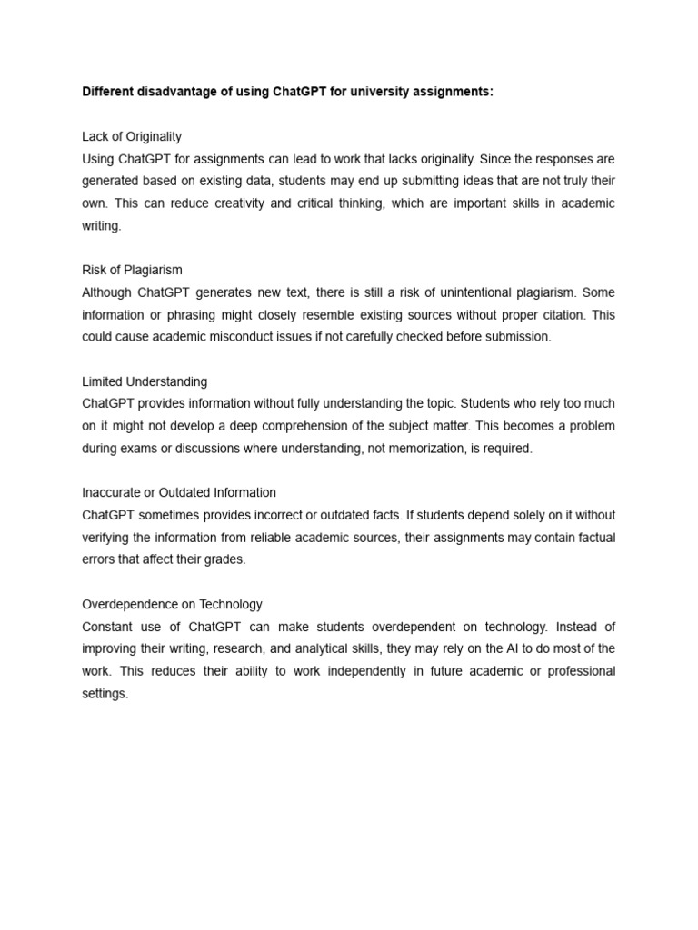 Different Disadvantage of Using ChatGPT For University Assignments | PDF