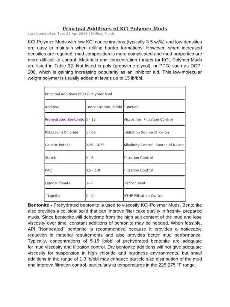 KCl Polymer Mud Additives Overview | PDF | Potassium Chloride | Potassium