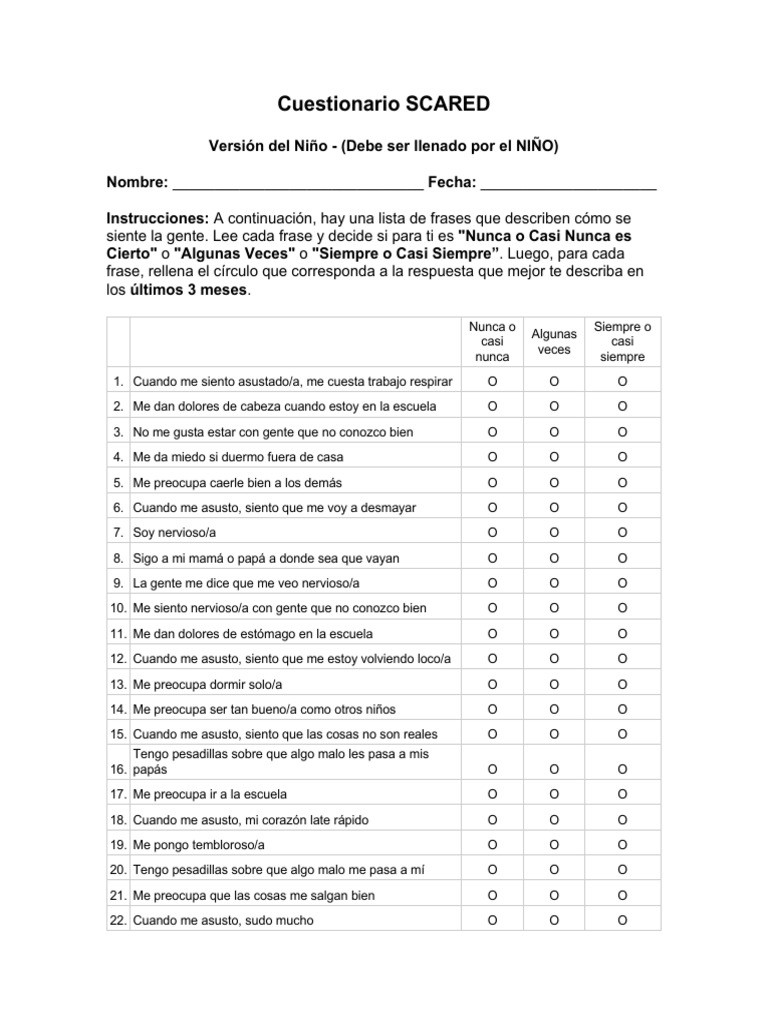 Cuestionario SCARED para Niños | PDF