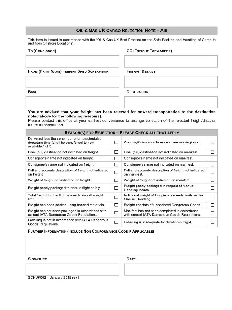 Oil & Gas UK Cargo Rejection Form | PDF | Cargo | Dangerous Goods