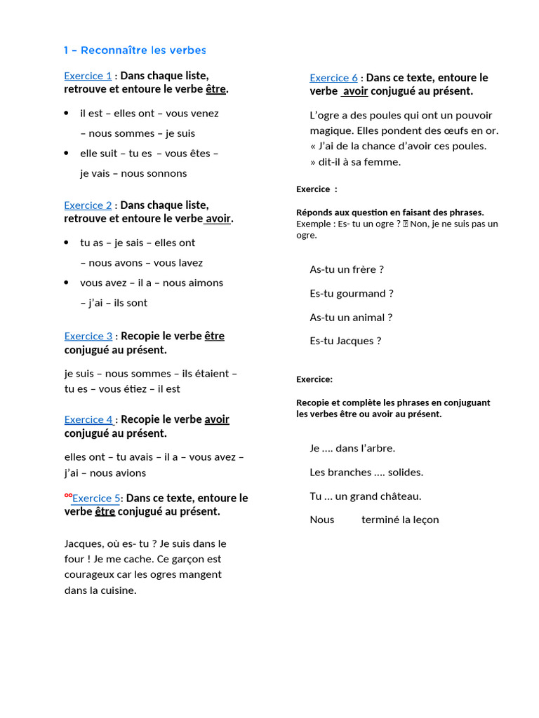 Exercices sur être et avoir au présent | PDF | Linguistique