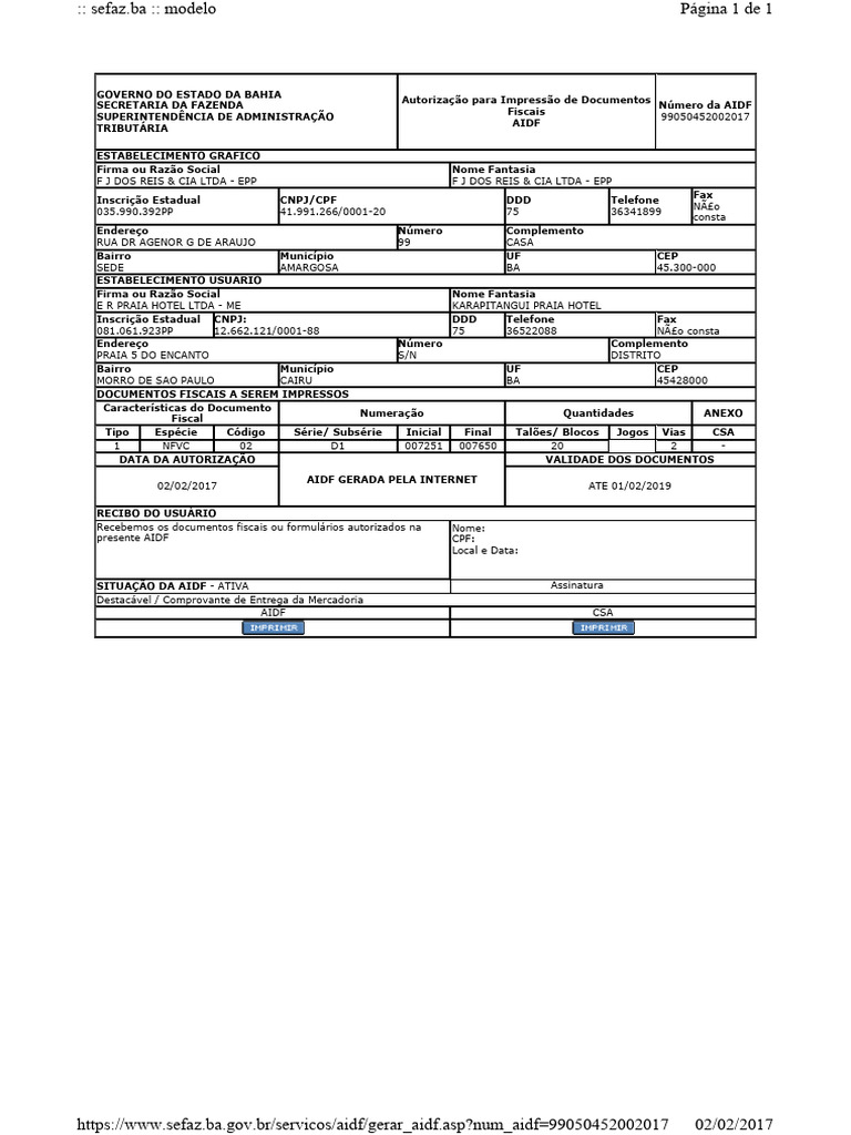 Autorização AIDF - Documentos Fiscais BA | PDF | Brasil