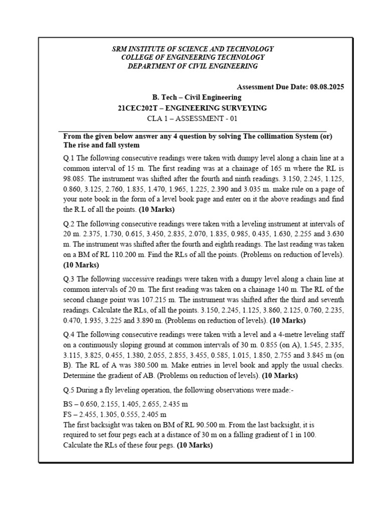 21cec202t – Engineering Surveying - Unit - i - Assessment 01 Cla-1 ...
