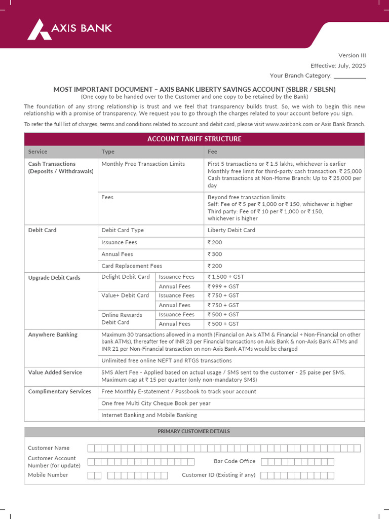 Axis Bank Liberty Account Features 2025 | PDF | Credit Card | Debit Card