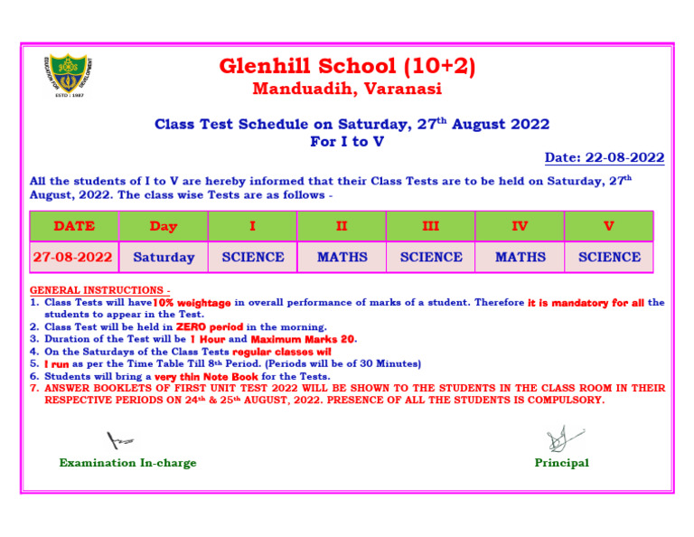 1 To 5 Class Test Time Table | PDF