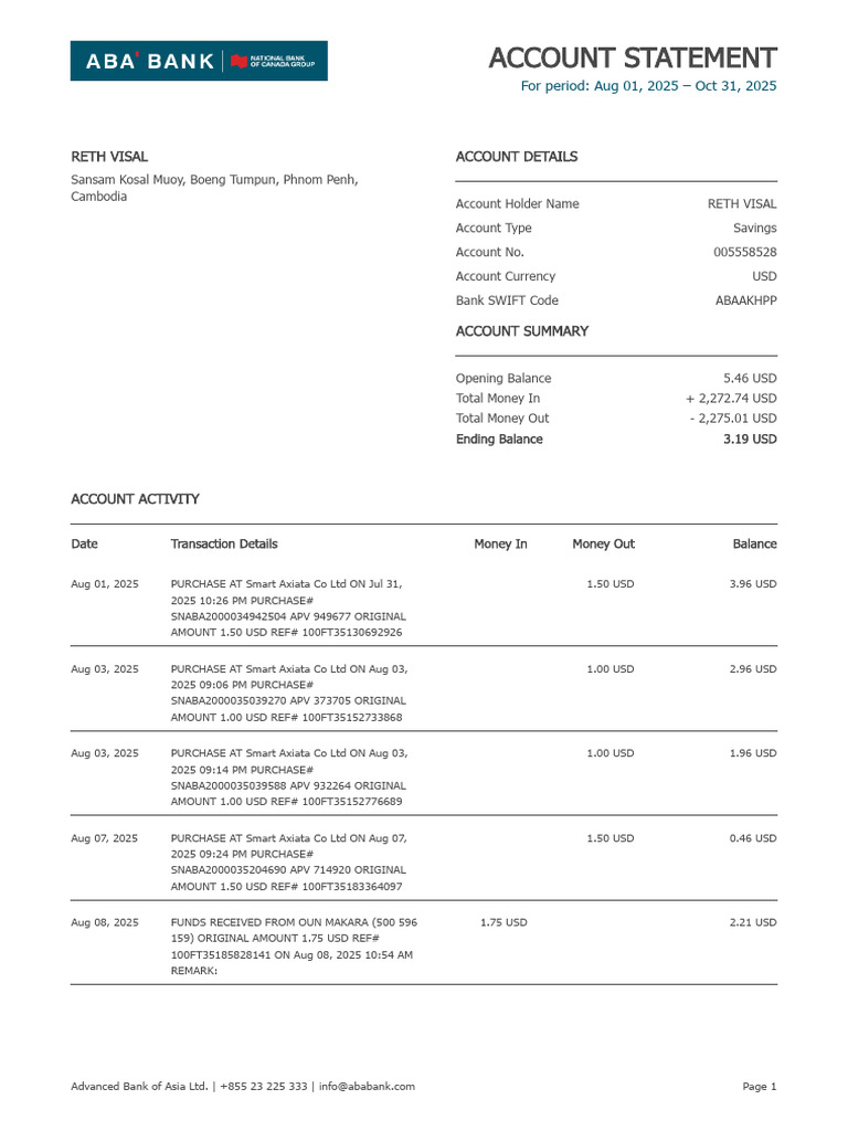 Smart Axiata Account Statement Summary | PDF | United States Dollar | Banks