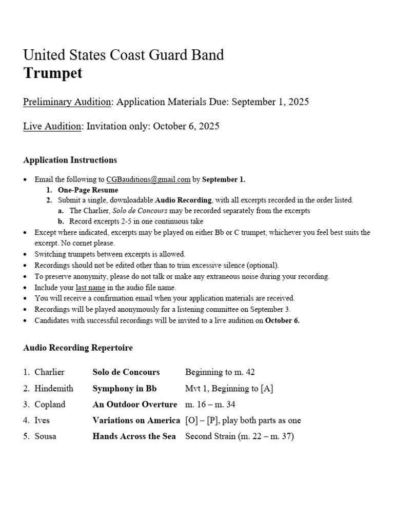 2025 Trumpet Audition Packet | PDF