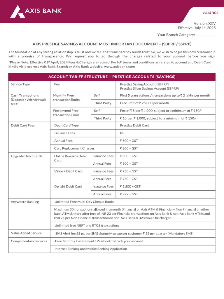 Axis Bank Prestige Savings Account Sign Up Form Most Important Document ...
